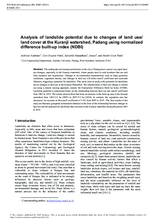 (PDF) Analysis of landslide potential due to changes of land use/land cover at the Kuranji ...