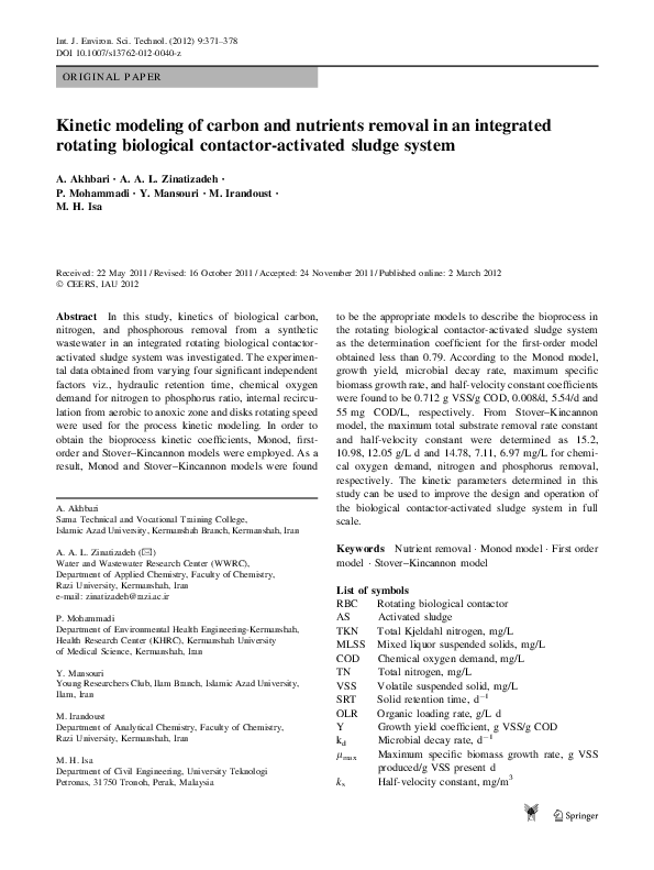 (PDF) Kinetic modeling of carbon and nutrients removal in an integrated ...