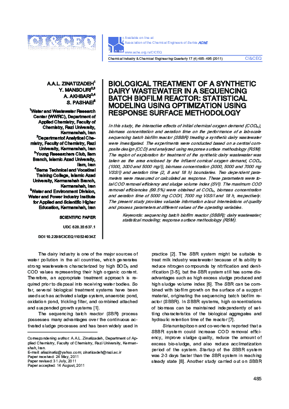 (PDF) Biological treatment of a synthetic dairy wastewater in a sequencing batch biofilm reactor ...