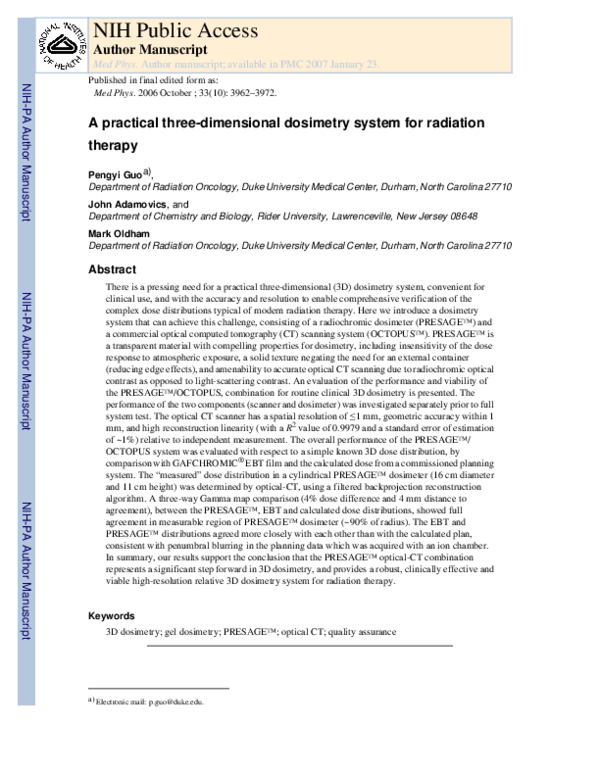 (PDF) A practical three-dimensional dosimetry system for radiation therapy