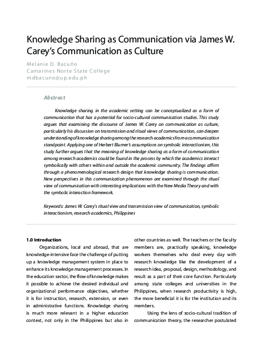 (PDF) Knowledge Sharing as Communication via James W. Carey's ...