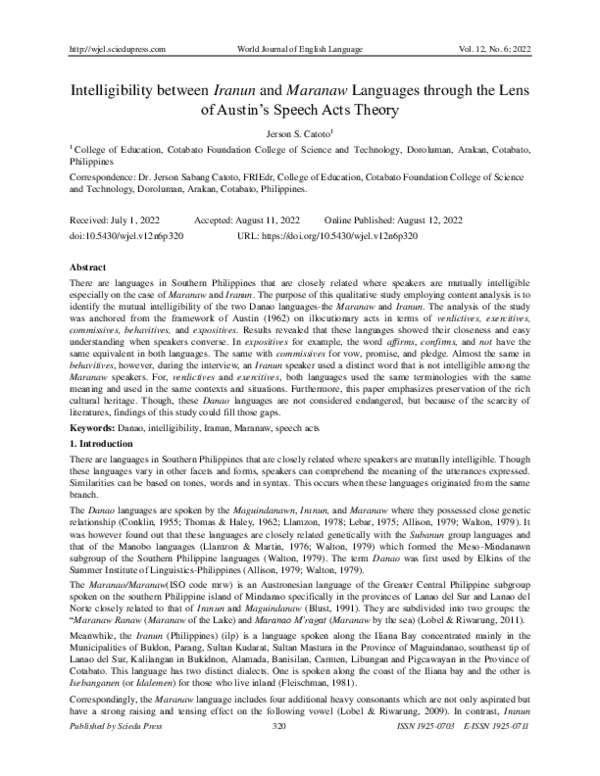 (PDF) Intelligibility between Iranun and Maranaw Languages through the ...