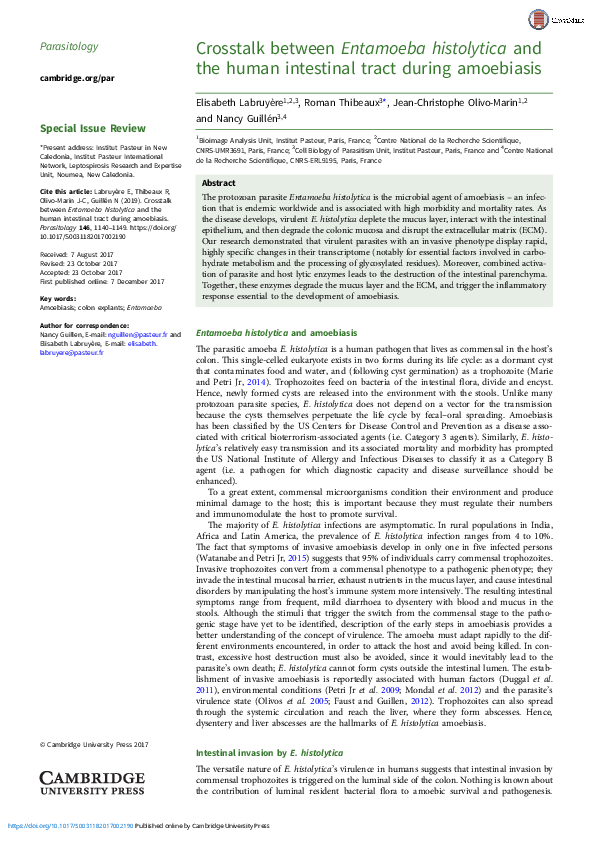 (PDF) Crosstalk between Entamoeba histolytica and the human intestinal ...