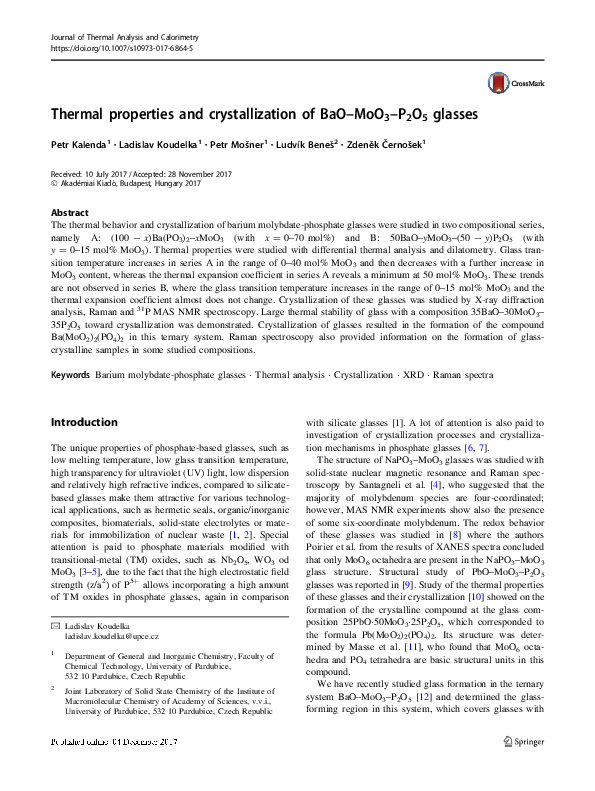(PDF) Thermal properties and crystallization of BaO–MoO3–P2O5 glasses