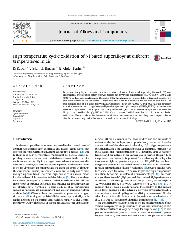 (PDF) High temperature cyclic oxidation of Ni based superalloys at ...