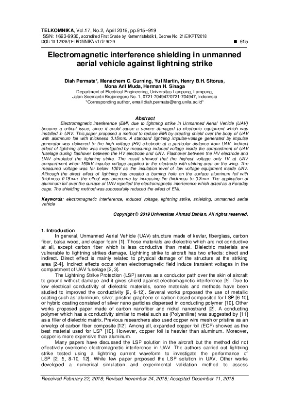 (PDF) Electromagnetic interference shielding in unmanned aerial vehicle against lightning strike
