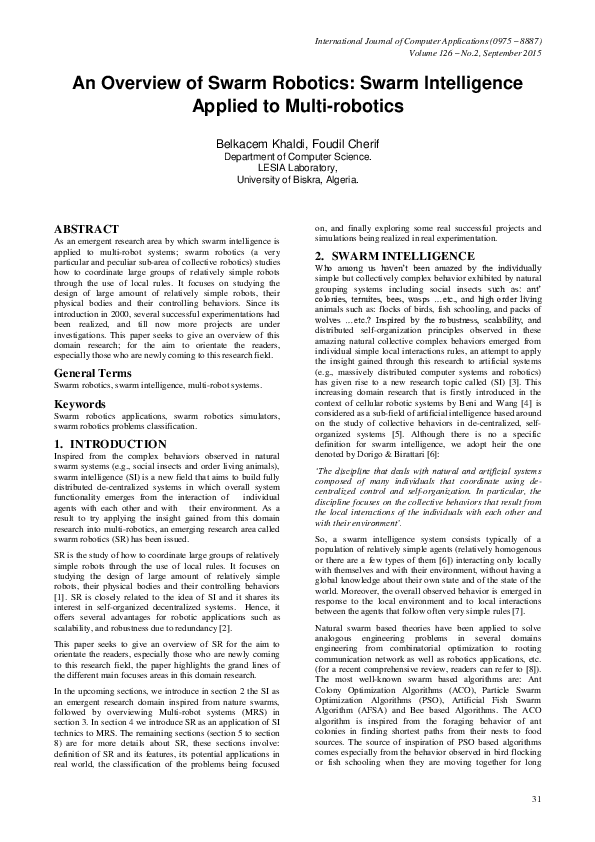 (PDF) An Overview of Swarm Robotics: Swarm Intelligence Applied to Multi-robotics