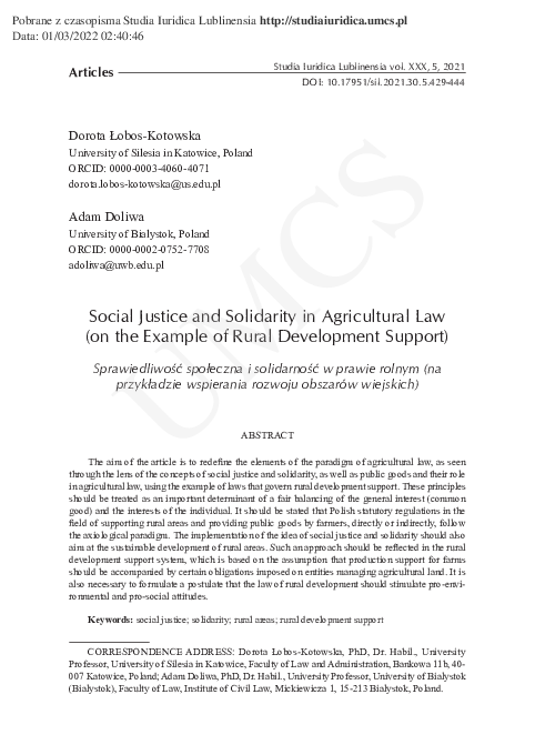 (PDF) Social Justice and Solidarity in Agricultural Law (on the Example ...