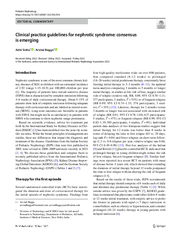 (PDF) Clinical practice guidelines for nephrotic syndrome: consensus is ...