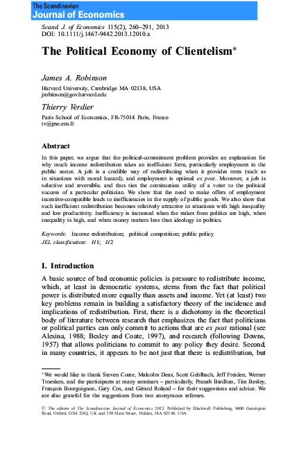 (PDF) The Political Economy of Clientelism*