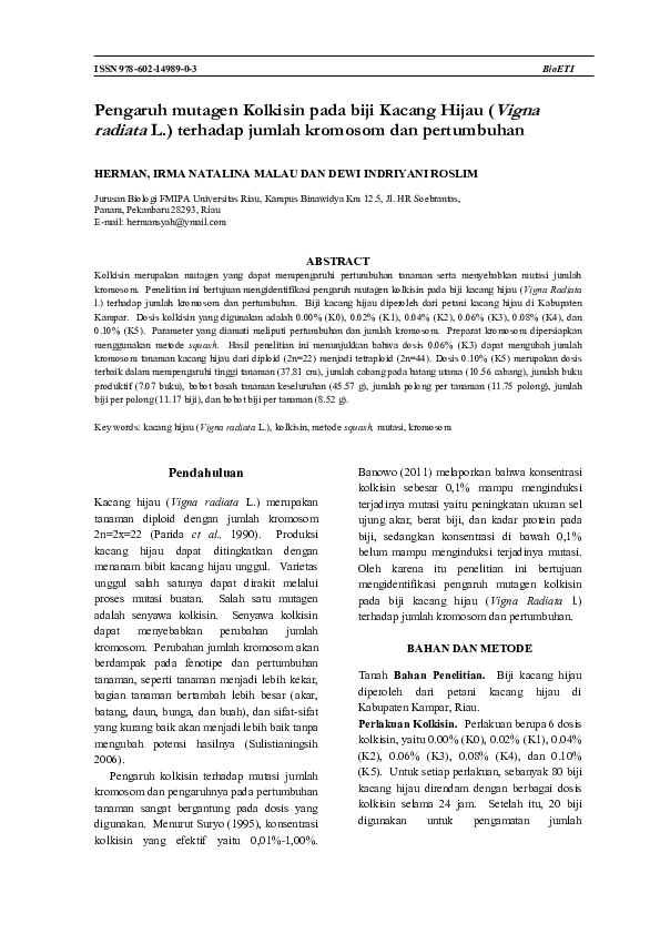 (PDF) PENGARUH MUTAGEN KOLKISIN PADA BIJI KACANG HIJAU (Vigna radiata L ...