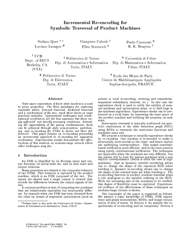 (PDF) Incremental re-encoding for symbolic traversal of product machines