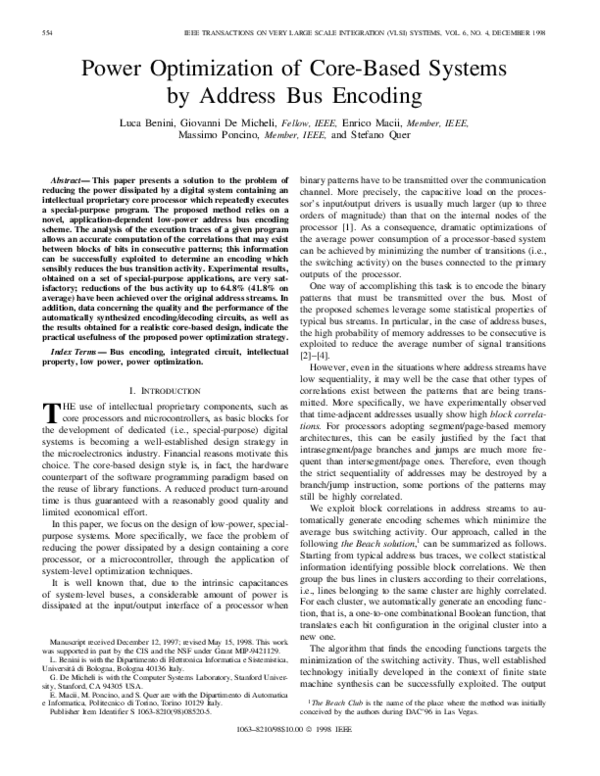 Pdf Power Optimization Of Core Based Systems By Address Bus Encoding 