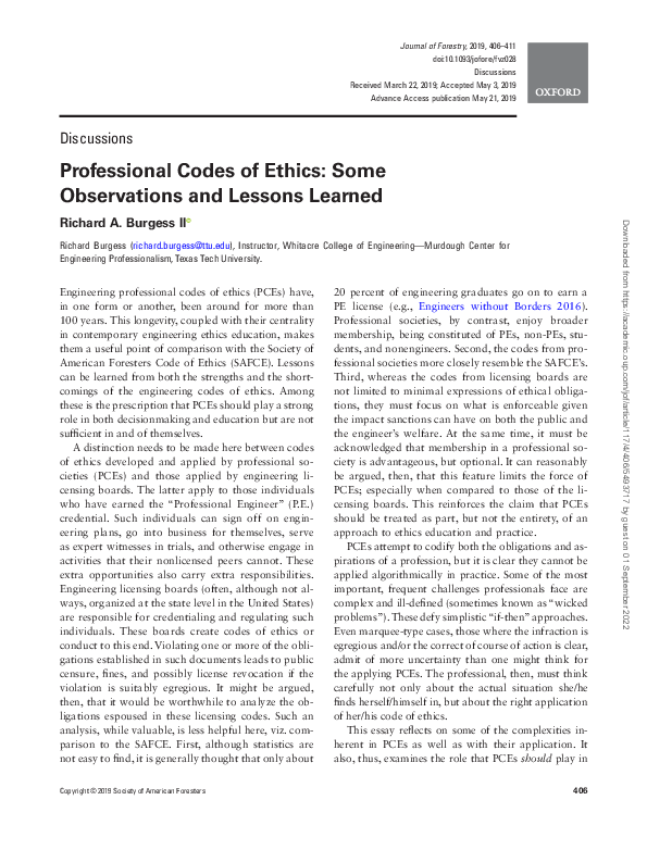 (PDF) Professional Codes of Ethics: Some Observations and Lessons Learned