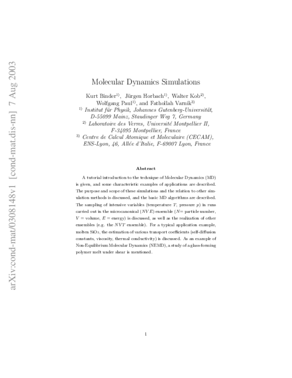 (PDF) Molecular dynamics simulations