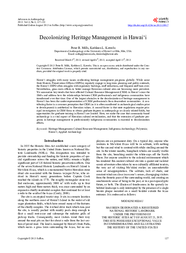 (PDF) Decolonizing Heritage Management in Hawai‘i