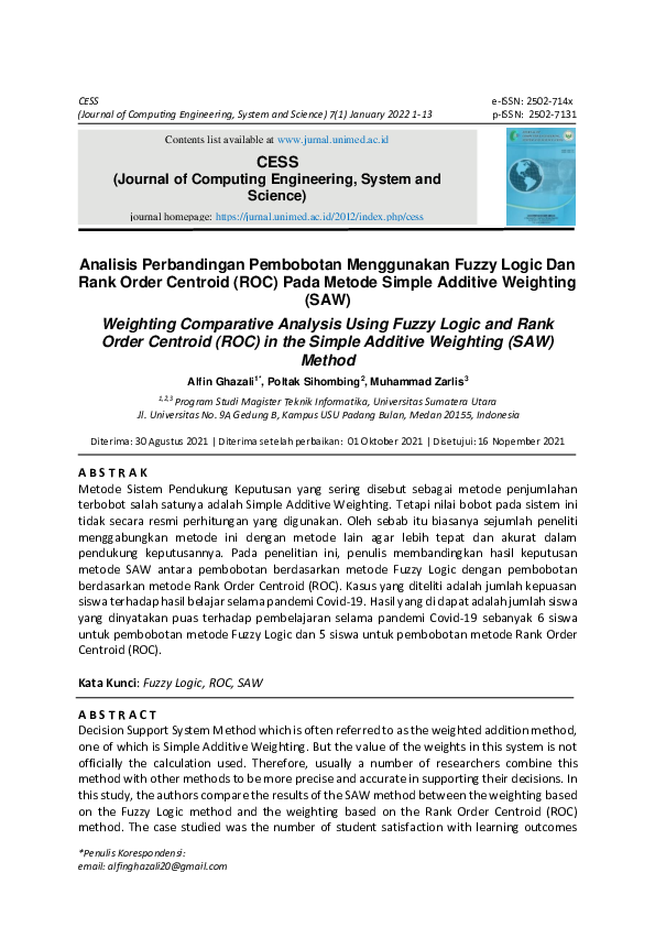 Pdf Weighting Comparative Analysis Using Fuzzy Logic And Rank Order Centroid Roc In The