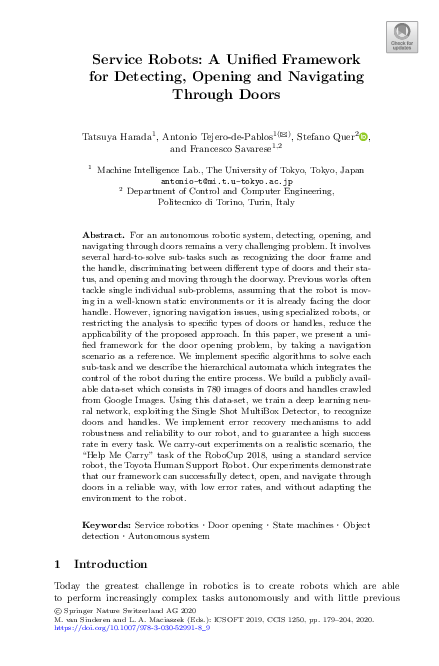 (PDF) Service Robots: A Unified Framework for Detecting, Opening and Navigating Through Doors