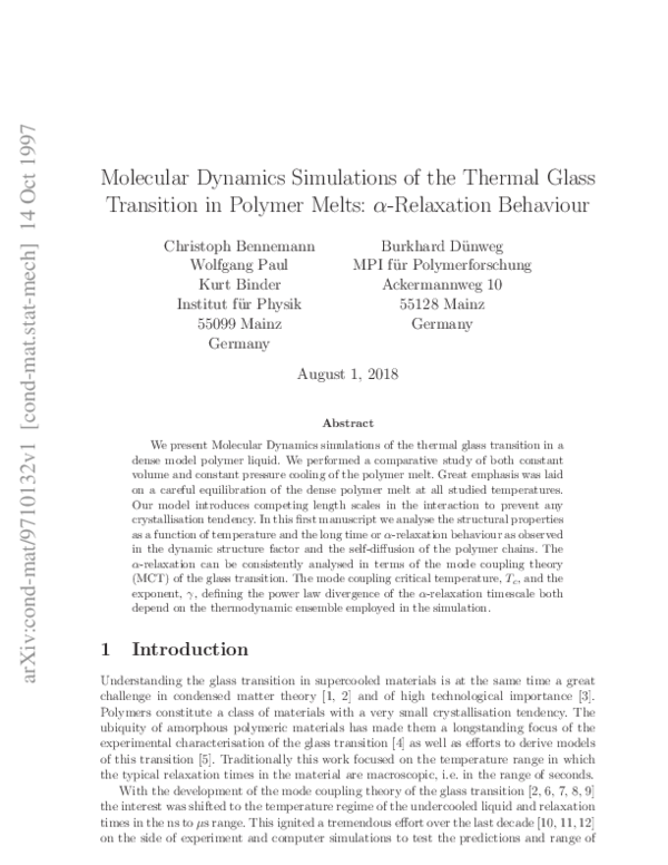 (PDF) Molecular-dynamics simulations of the thermal glass transition in polymer melts: α ...