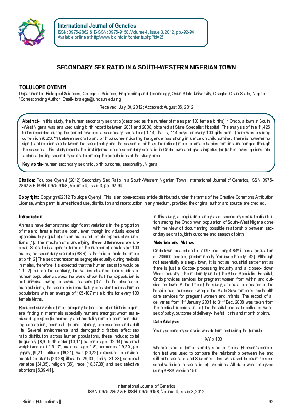 Pdf Secondary Sex Ratio In A South Western Nigerian Town