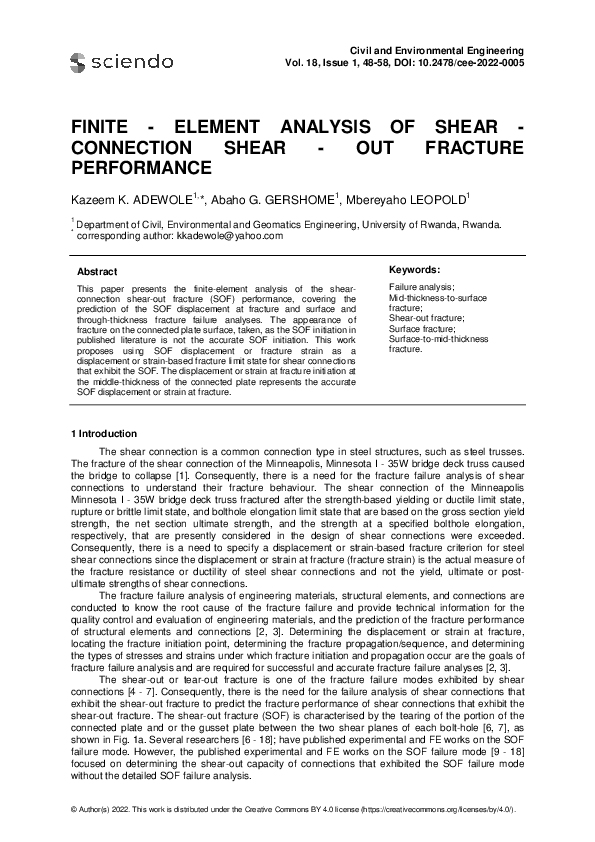 (PDF) Finite - Element Analysis of Shear - Connection Shear - Out Fracture Performance