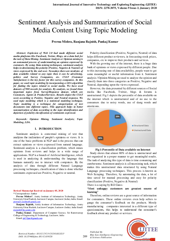 (PDF) Sentiment Analysis and Summarization of Social Media Content Using Topic Modeling