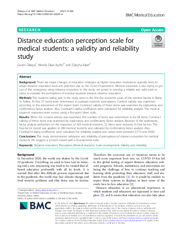 (PDF) Distance education perception scale for medical students: a ...