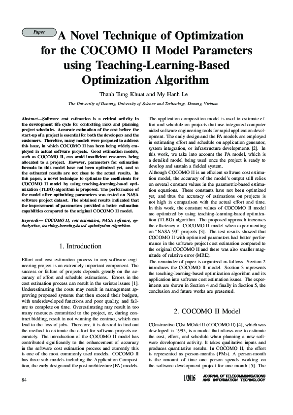 (PDF) A Novel Technique of Optimization for the COCOMO II Model Parameters using Teaching ...