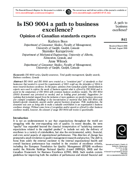 (PDF) Is ISO 9004 a path to business excellence?