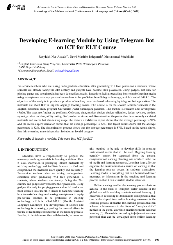 (PDF) Developing E-learning Module by Using Telegram Bot on ICT for ELT Course