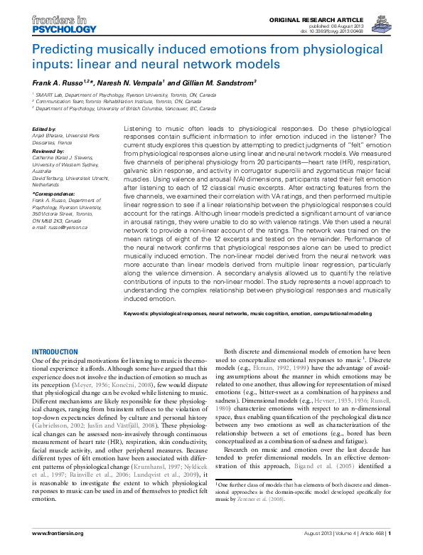 (PDF) Predicting musically induced emotions from physiological inputs: linear and neural network ...