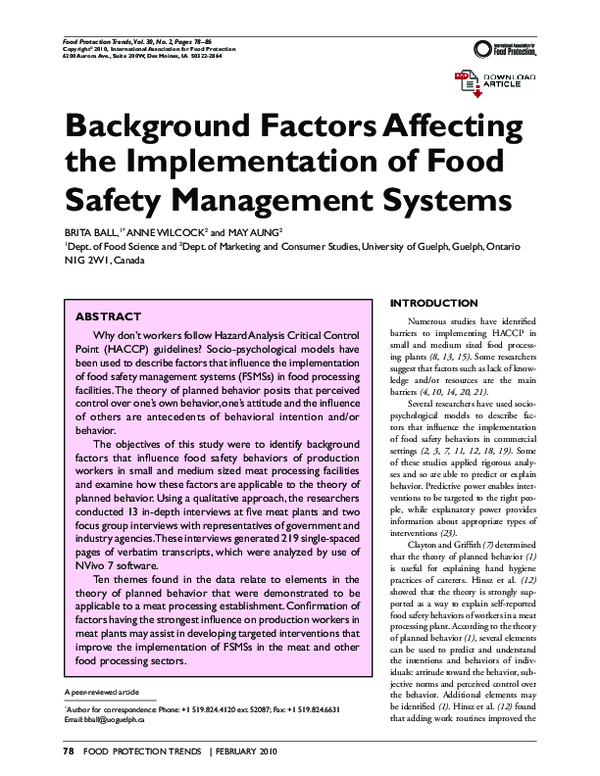 (PDF) Background Factors Affecting the Implementation of Food Safety ...