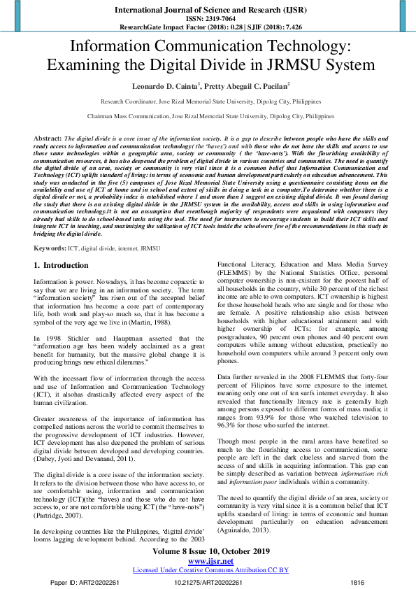 (PDF) Information Communication Technology: Examining the Digital Divide in JRMSU System