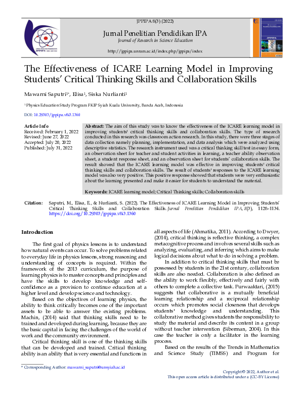 (PDF) Effectiveness of ICARE Learning Model in Improving Students’ Critical Thinking Skills and ...