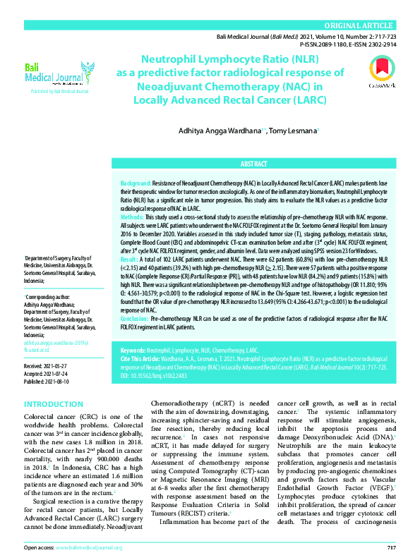 (PDF) Neutrophil Lymphocyte Ratio (NLR) as a predictive factor radiological response of ...
