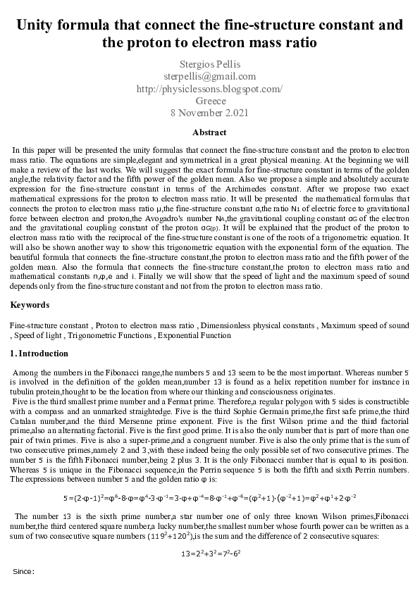 (PDF) Unity formula that connect the fine-structure constant and the proton to electron mass ratio