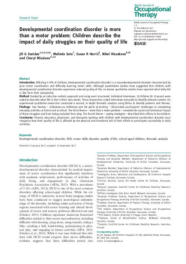 (PDF) Developmental coordination disorder is more than a motor problem: Children describe the ...