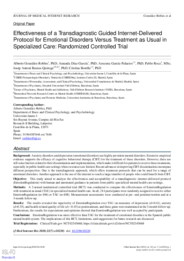 (PDF) Effectiveness of a Transdiagnostic Guided Internet-Delivered Protocol for Emotional ...