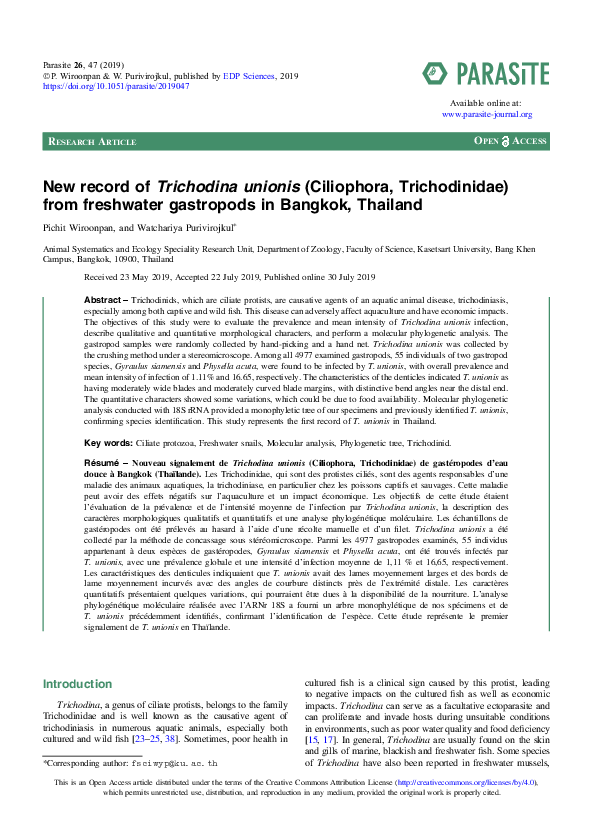 (PDF) New record of Trichodina unionis (Ciliophora, Trichodinidae) from ...