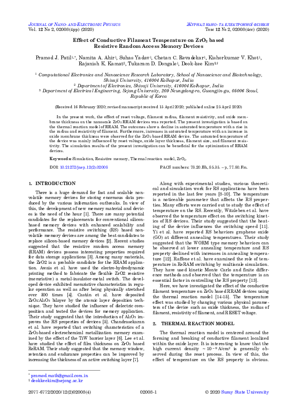Pdf Effect Of Conductive Filament Temperature On Zro2 Based Resistive Random Access Memory Devices