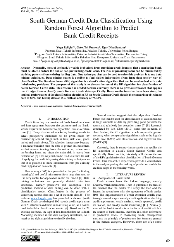 (PDF) South German Credit Data Classification Using Random Forest ... (PDF) South German Credit Data Classification Using Random Forest ...