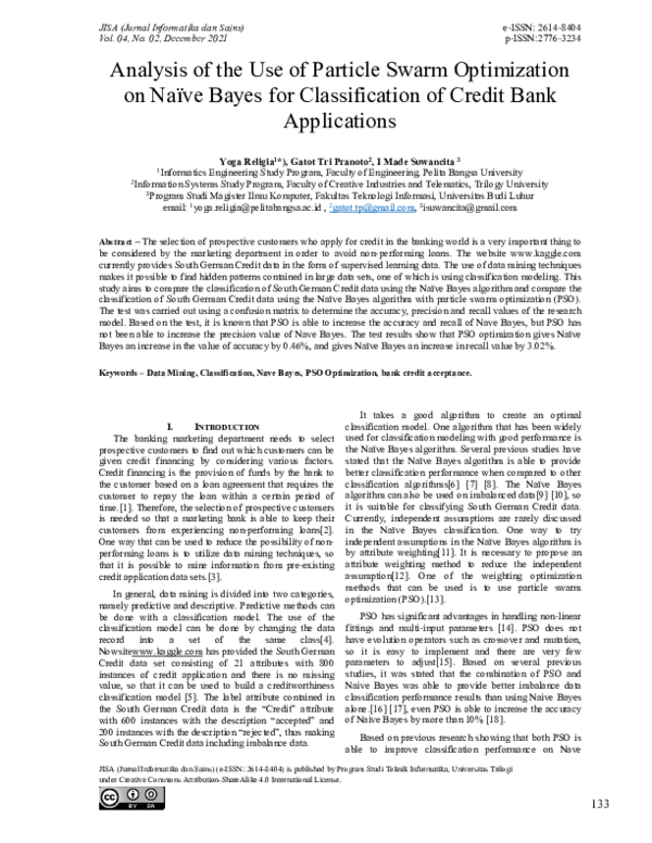 Pdf Analysis Of The Use Of Particle Swarm Optimization On Naïve Bayes For Classification Of