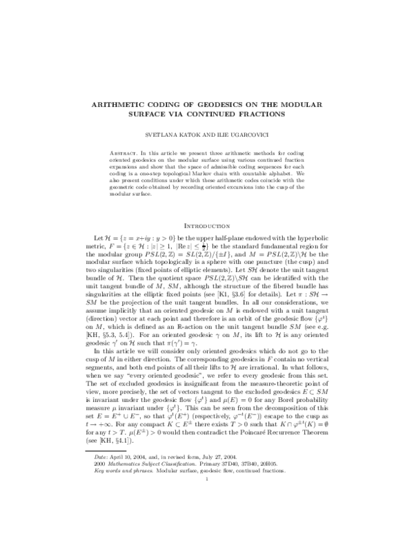 (PDF) Arithmetic coding of geodesics on the modular surface via continued fractions