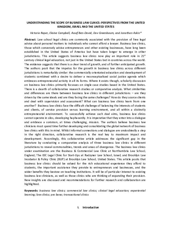 (PDF) Understanding the Scope of Business Law Clinics: Perspectives ...