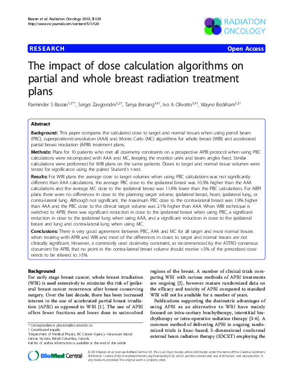 Pdf The Impact Of Dose Calculation Algorithms On Partial And Whole Breast Radiation Treatment