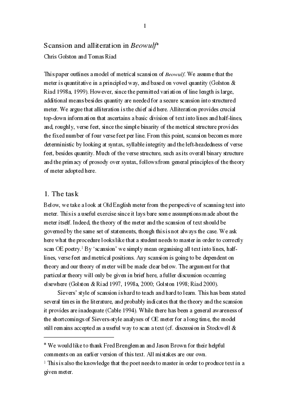 Pdf Scansion And Alliteration In Beowulf Chris Golston