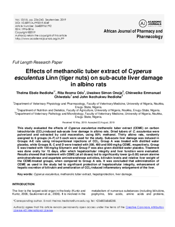 (PDF) Effects of methanolic tuber extract of Cyperus esculentus Linn (tiger nuts) on sub-acute ...