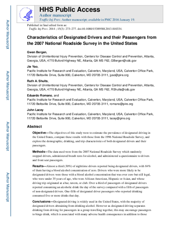 (PDF) Characteristics of Designated Drivers and Their Passengers From ...