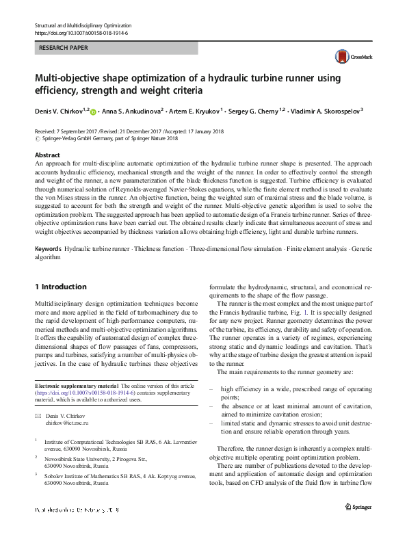 Pdf Multi Objective Shape Optimization Of A Hydraulic Turbine Runner Using Efficiency
