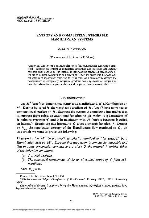(PDF) Topological Entropy in Integrable Hamiltonian Systems